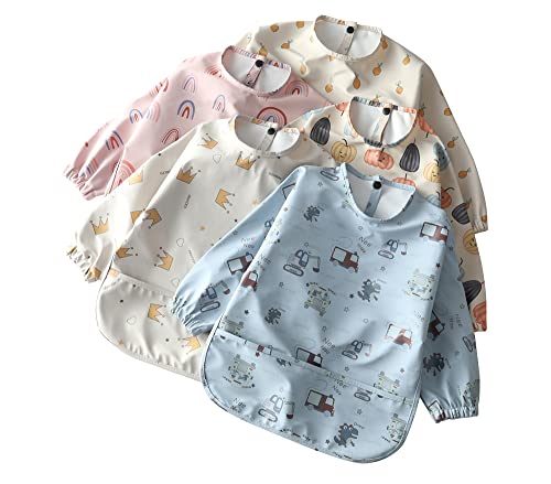 NEHET Waterproof Baby Bibs,Infant Toddler Long Sleeve Feeding Bib With Food Catcher Super Soft Wipe Clean