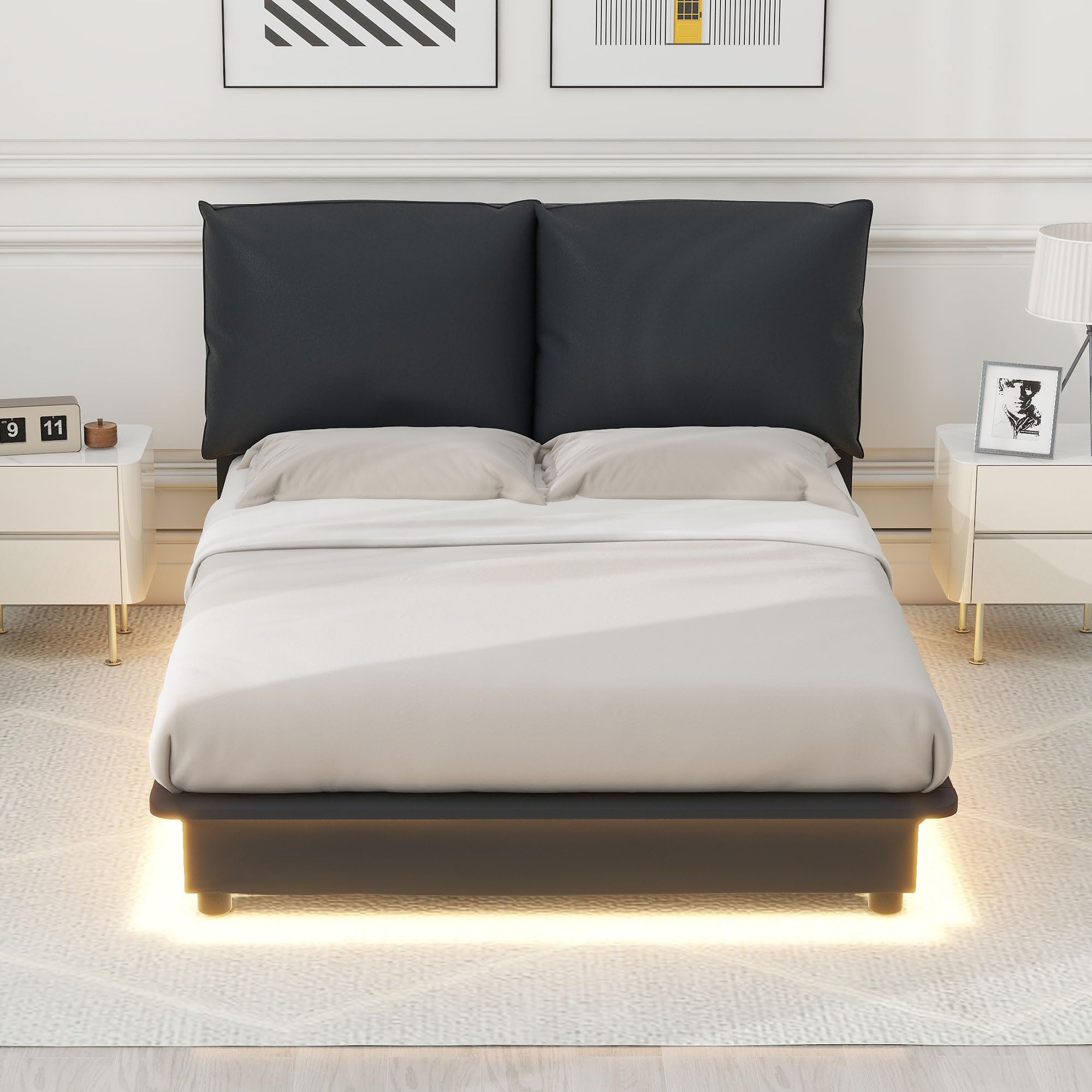 Jintop Full Size Upholstered Platform Bed with Sensor Light and Ergonomic Design Backrests,Floating Style Bed Frame w/ 12 Slat Support,for Kid Teen Adult,Black