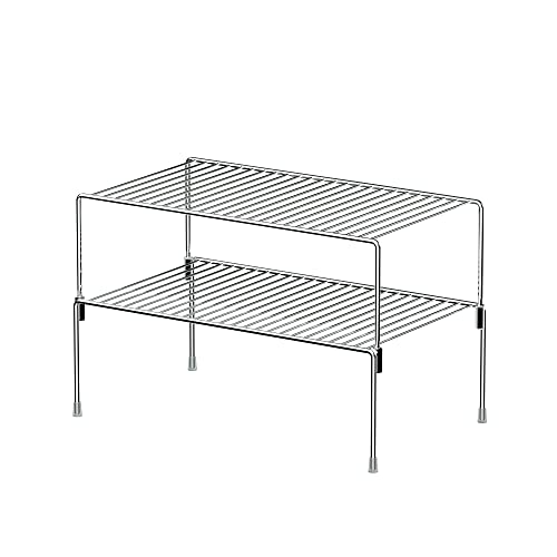 Redrubbit 2 Pack Large (15.9 x 9. 4 Inch) Stackable Cabinet Storage Shelf Rack, Rustproof Kitchen Counter and Cabinet Shelf, Storage Rack Organizer for Kitchen, Fridge, Cabinet, Bathroom, Chrome