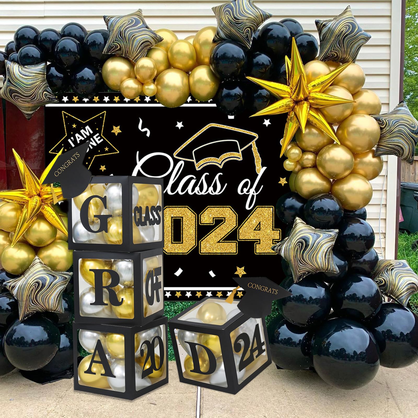 Graduation Balloon Background Set Includes Graduation Balloon Arch Kit,Class of 2024 Banner,Graduation Balloon Boxes for Grad party decoration,Graduation party supplies