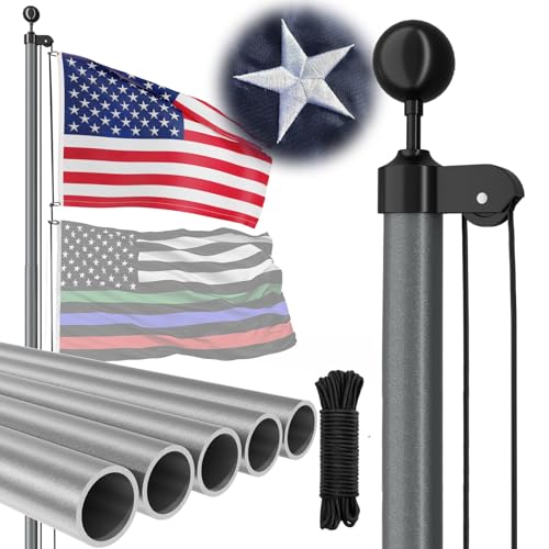 FFILY Heavy Duty 25 FT Flag Pole - 13 Gauge Extra Thick Aluminum Flagpole Kit with Embroidered Stars 3x5 American Flag for Outside House In Ground - 80MPH Wind Tested