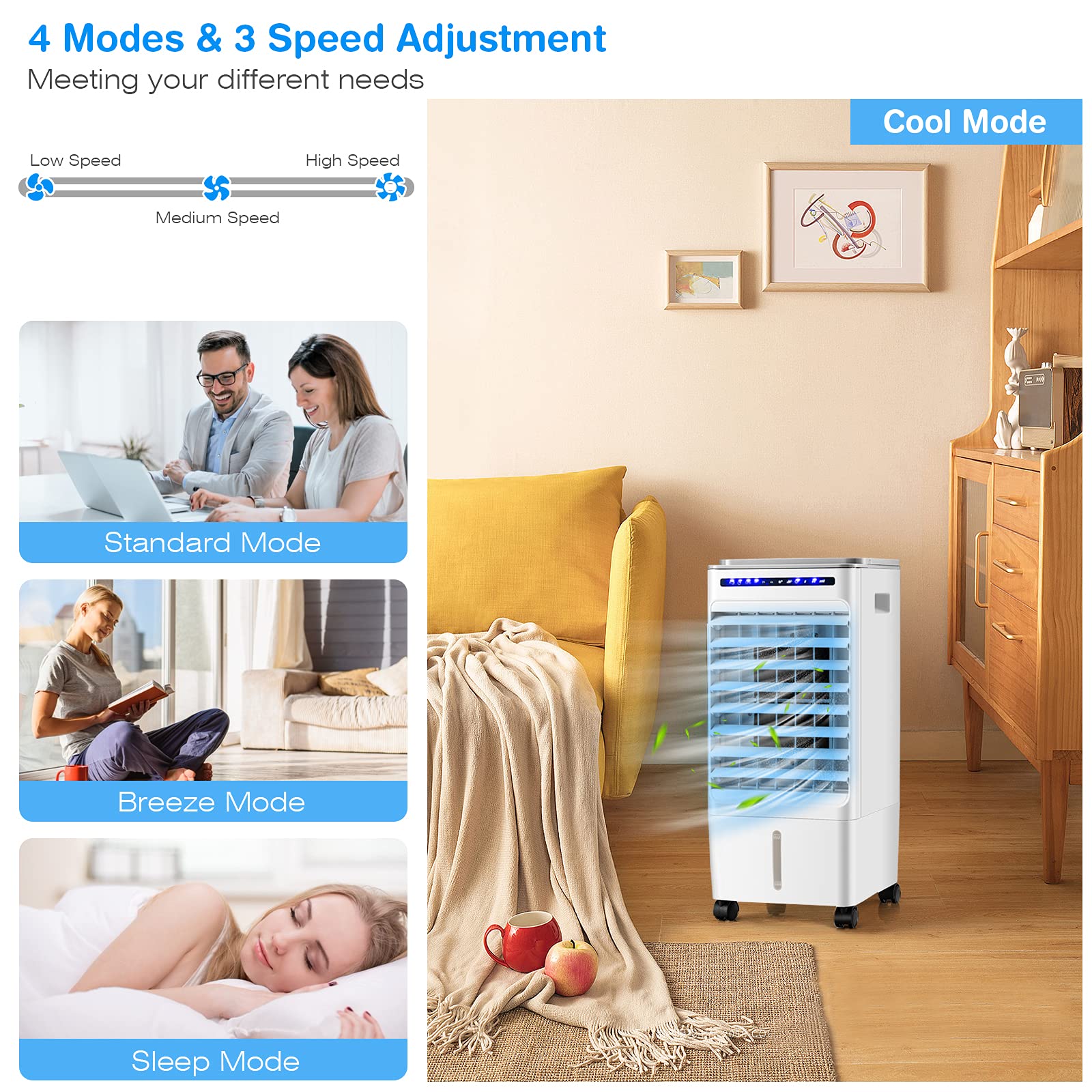 COSTWAY Portable Evaporative Air Cooler for Room, Include Remote Control, 4 Ice Packs, Portable Bladeless Fan with 3 Modes, 3 Speeds, 7H Timer, 6L Water Tank, Air Cooler for Indoor Use, Bedroom, White
