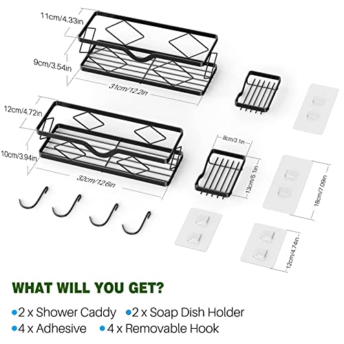 Kadolina 2-Pack Adhesive Shower Caddy with 2 Soap Dishes Holder, Bathroom Shower Storage Shower Shelves Basket, No Drilling Shower Organizer for Inside Shower, Rustproof Stainless Steel (Black)