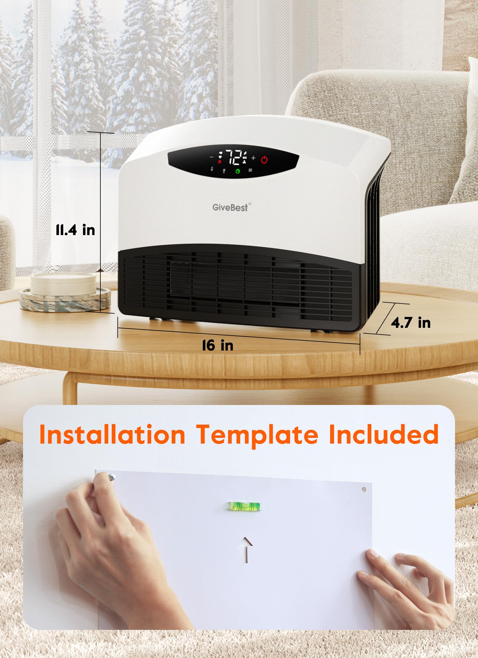 GiveBest Electric Wall Heater with WiFi and Remote Control, Floor or Wall Mounted Heater, Large Room Coverage, 3 Heating Modes, 1500W Fast Heating Space with Thermostat for Indoor Room Use