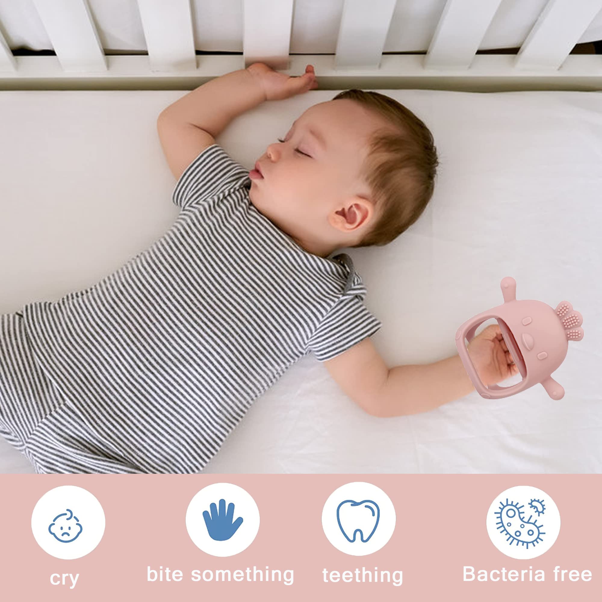 EXGOX Silicone Teether Mitten,Baby Silicone Teething Toys 3D Shape Silicone Teether Gloves for Sucking Needs and Prevent Finger Sucking Massages Gums, for Over 12 Months Breast Feeding Baby (Pink)