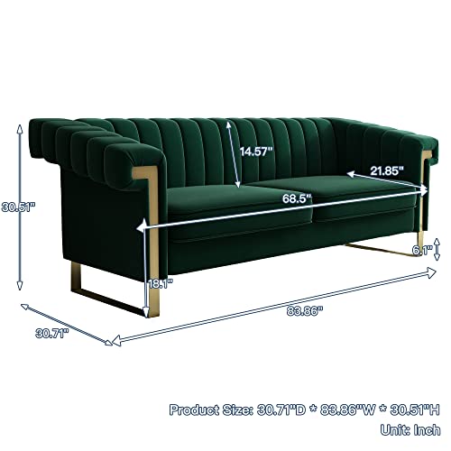 Kadway Green Velvet Loveseat Sofa Couch, 84" Luxury Large Sectional Sofa Couch with Gold Metal Legs for 3-4 Persons, Mid-Century Modern Sofa, Chesterfield Sofa Couch for Living Room Bedroom