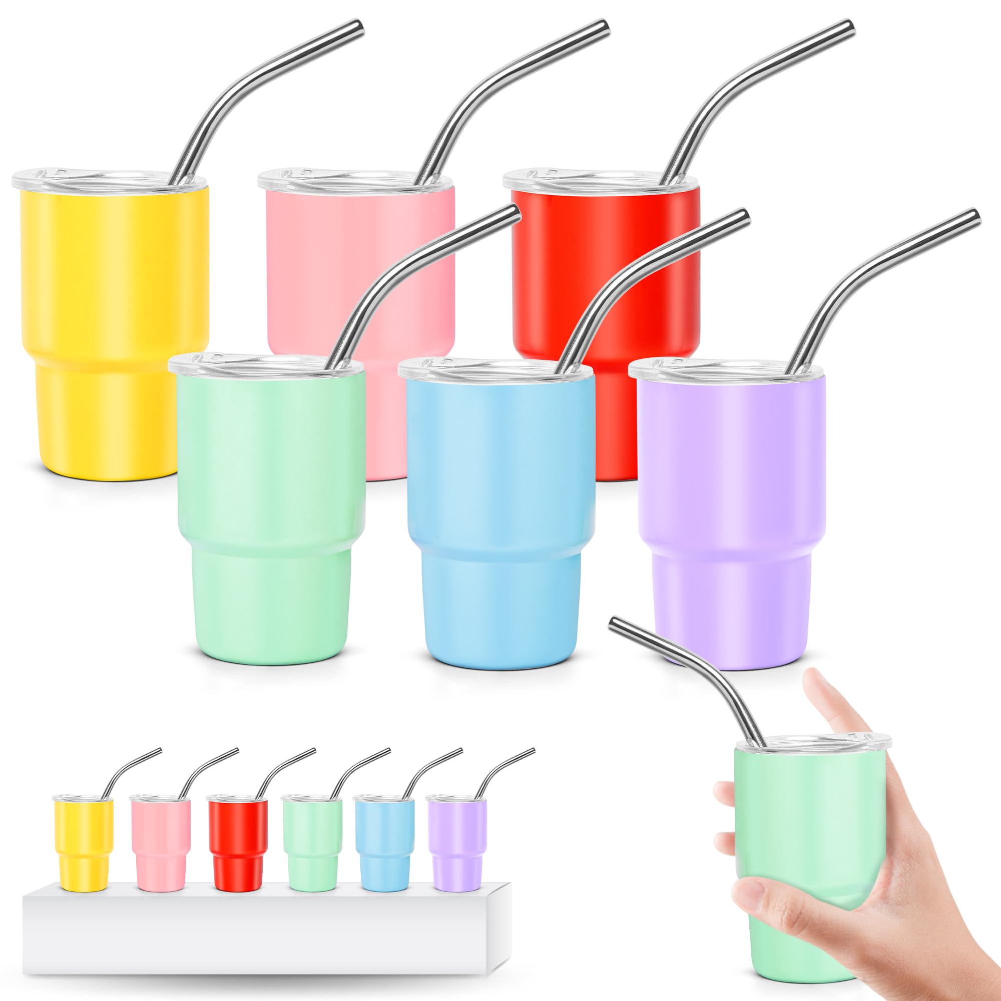 Hanna Roberts Mini Tumbler Shot Glass with Straw, Mini Tumbler Cups, Espresso coffee cups, Metal Mini 3oz Shot Glass Tumbler with Straw & Lid (6pcs) Home or Outdoor for Dink and Espresso