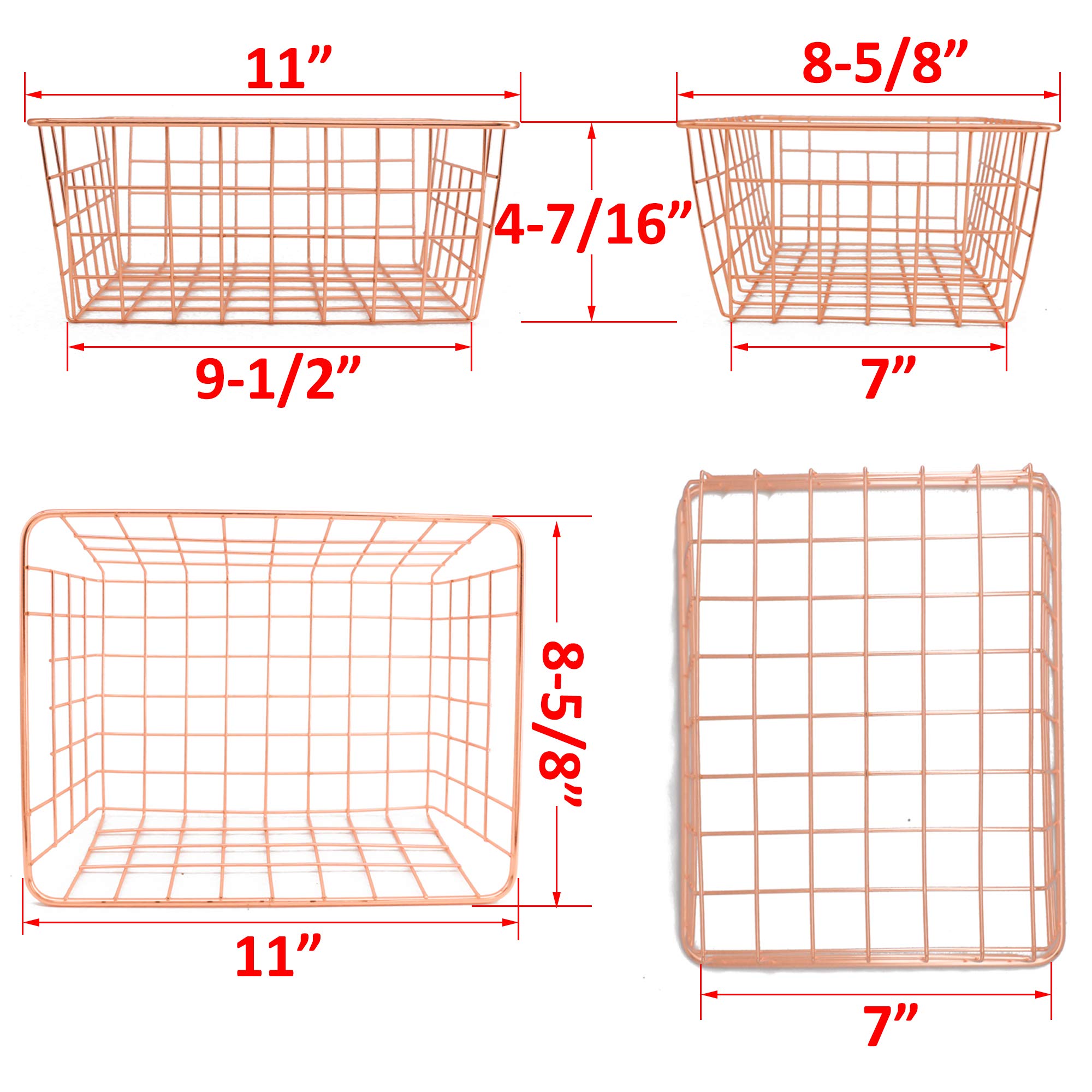 Metal Wire Storage Basket with Handles for Kitchen Food Pantry Papers Home Office Desk Basket Bathroom Laundry Room Basket Bedroom Bed Room, Rose Gold