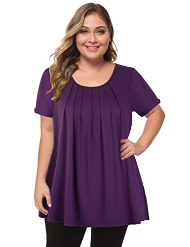 MANER Women's Plus Size Tops Short Sleeve Flowy Shirts Casual Blouses Tunic Tops L-4XL(Purple, XXX-Large)