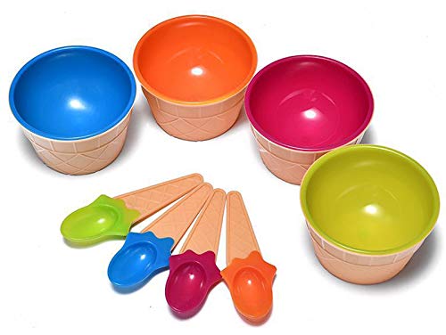 Dessert Bowls, 4 Pack Ice Cream Bowl Spoon Set,Frozen Yogurt Cups with Spoons Durable Plastic Candy Color Lovely Dessert Bowl DIY Ice Cream Tools For Festive Party Favor Kids Gift