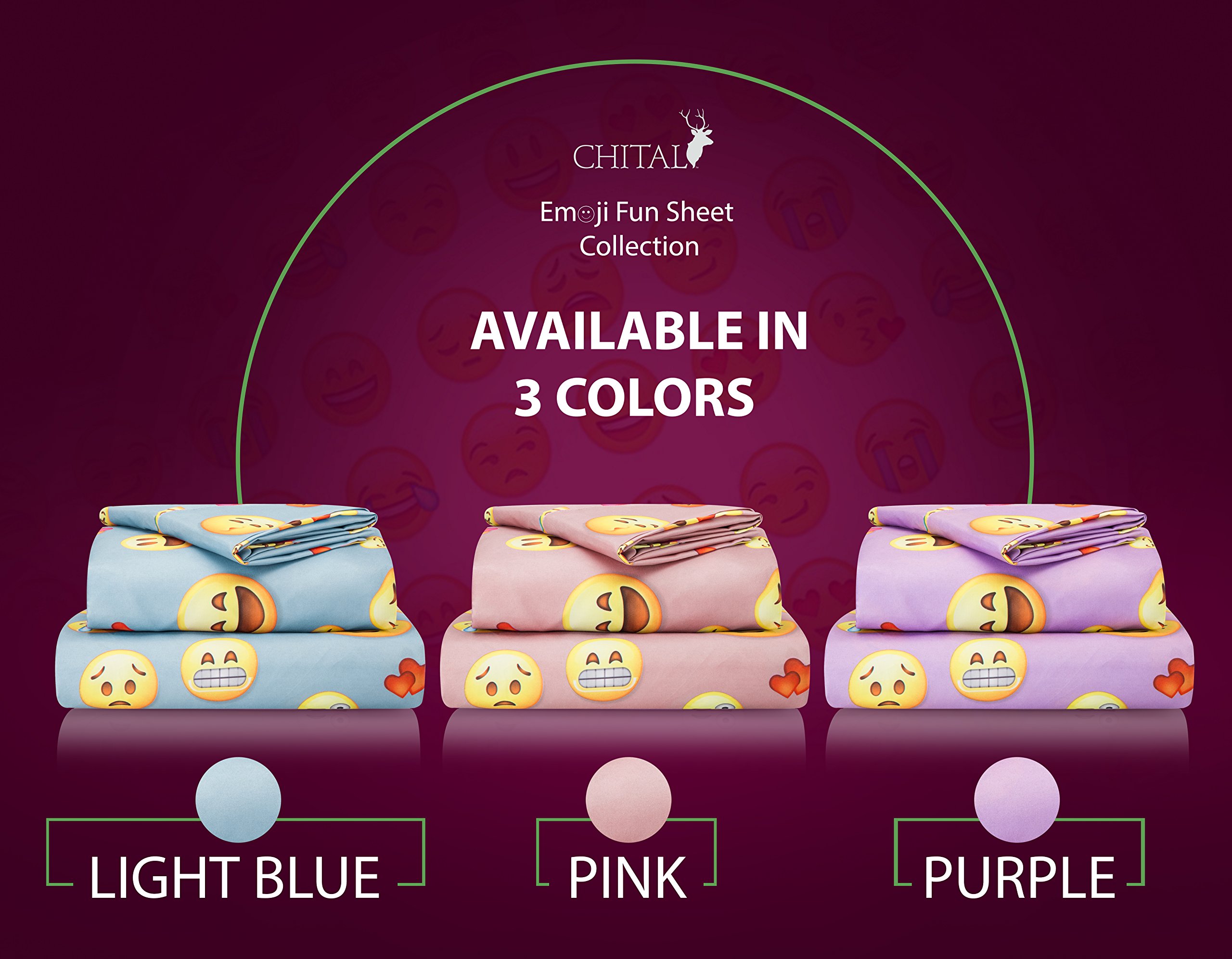 Chital Twin Bed Sheets for Girls | 3 Pc Colorful Kids Bedding Set | Pink Emoji Print | Durable Super-Soft, Double-Brushed Microfiber | 1 Flat & 1 Fitted Sheet, 1 Pillow Case | 15" Deep