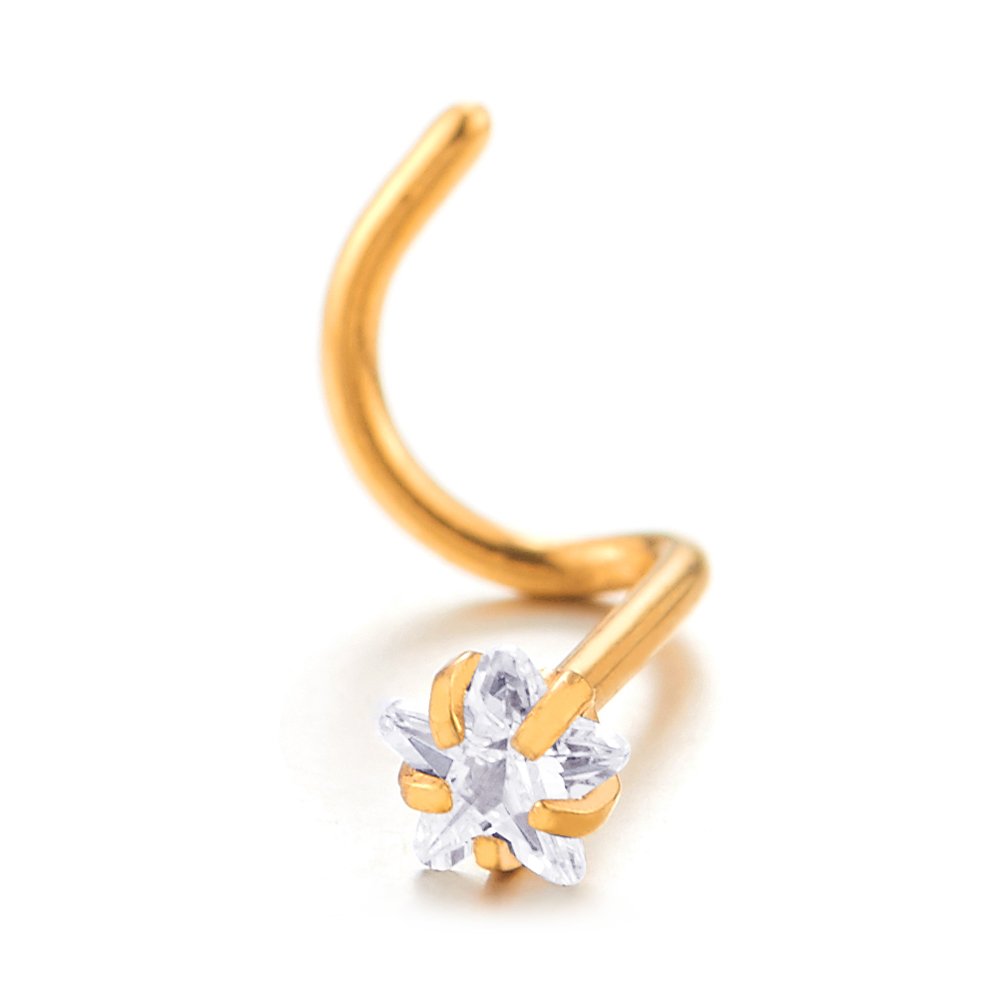 COOLSTEELANDBEYOND Gold Stainless Steel Screw Nose Rings Studs with Star Cubic Zirconia Body Jewelry Piercing