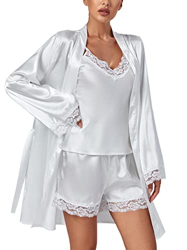 LYANER Women's 3pcs Sleepwear Silk Satin V Neck Lace Trim Cami Top and Shorts Pajama Set with Robe White Small