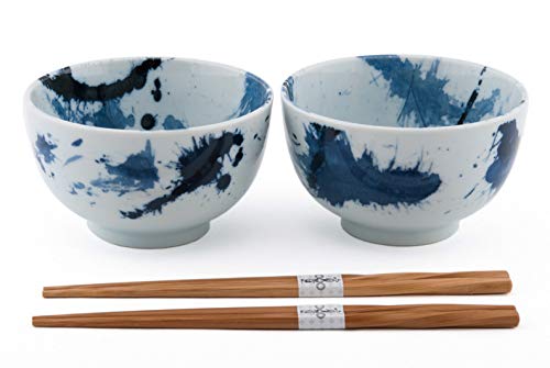 Ebros Gift Made In Japan Blue Splash Paint Abstract Art Design Porcelain Bowls With Bamboo Chopsticks Set Of 2 For Salad Ramen Pho Soup Cereal Home Kitchen Decorative Japanese Artistic Bowl