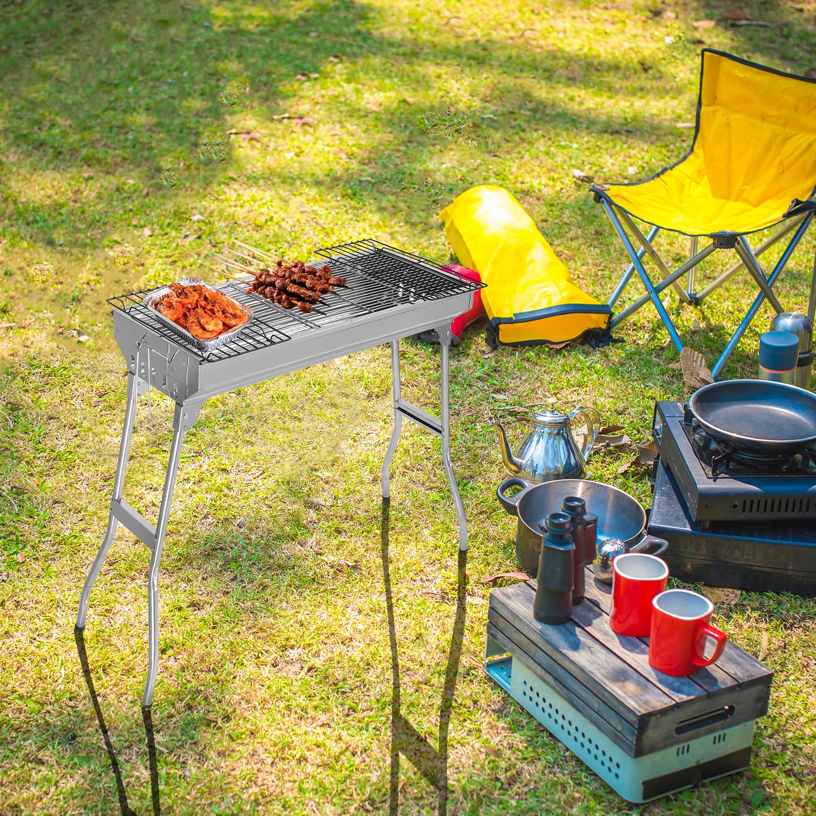 Charcoal Grill, Barbecue Grill Stainless Steel BBQ Smoker Barbecue Folding Portable Folded Camping Barbecue Grill for Outdoor Cooking Camping Hiking Picnics Backpacking Great for traveling 70x31x71cm