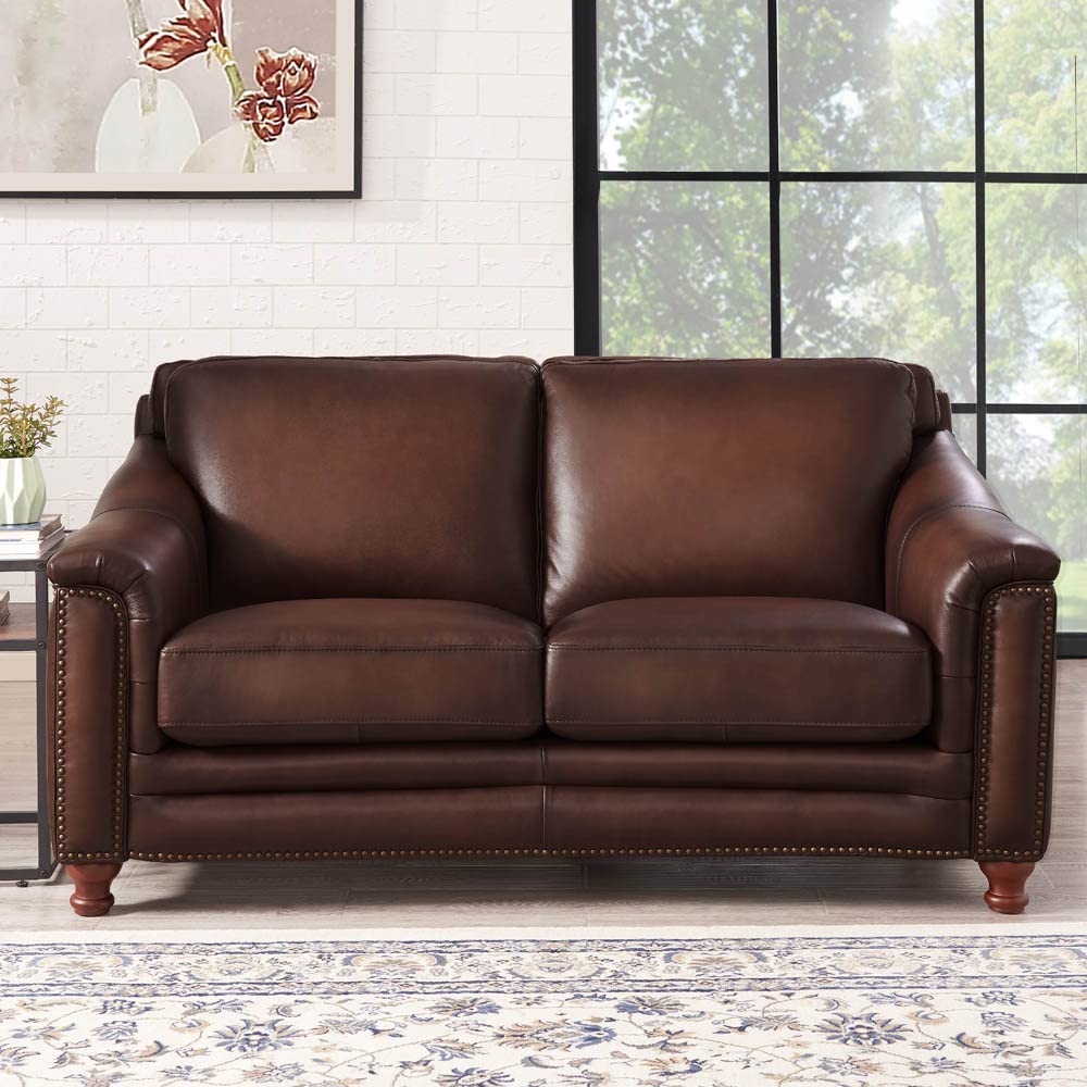 Hydeline Belfast Top Grain Leather Sofa and Loveseat, Caramel Brown, Feather Down, Memory Foam and Springs Seating