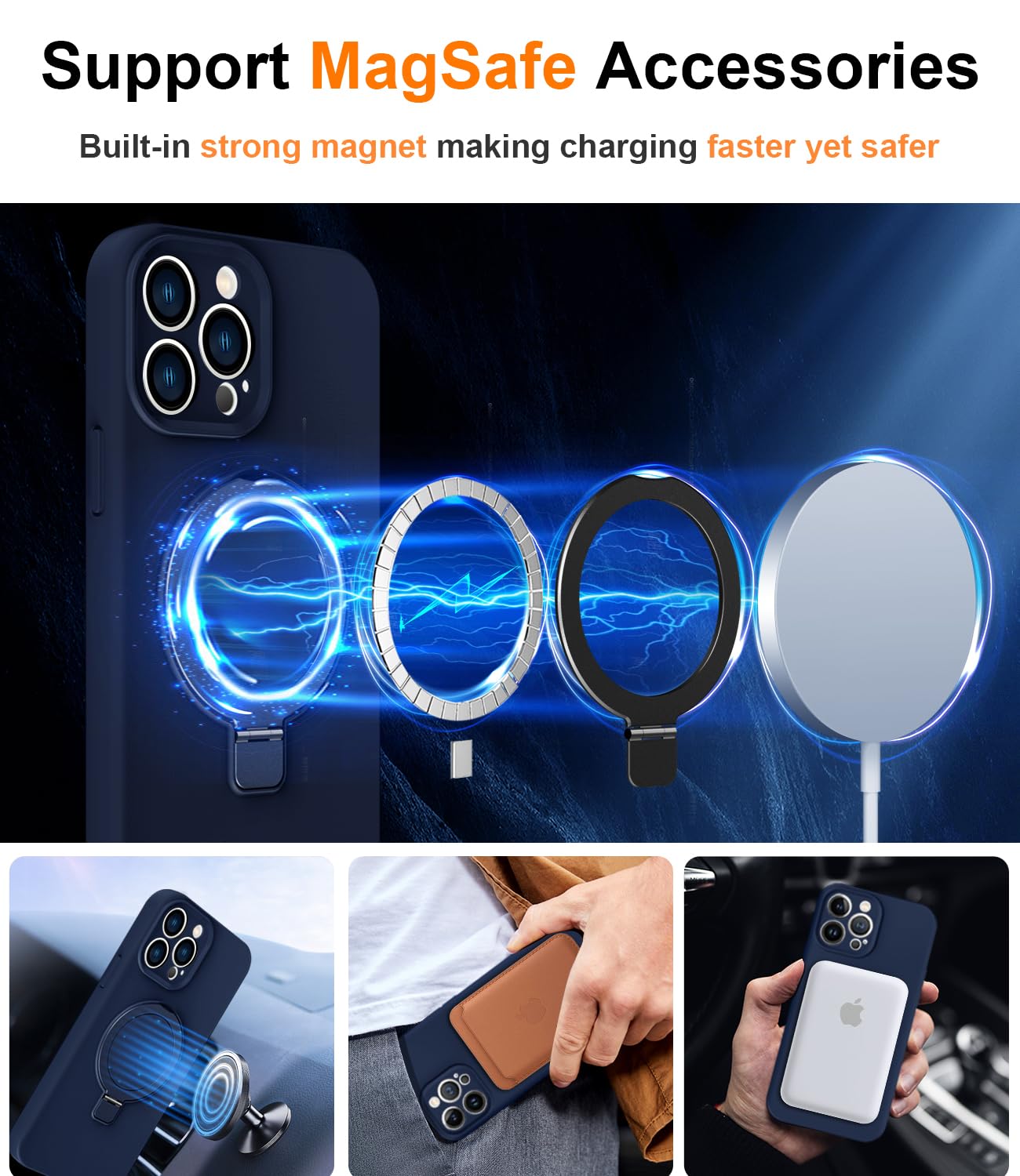Defeneder Liquid Silicone for iPhone 13 Pro Max Case with Magnetic Stand [2 Pcs Tempered Screen Protectors + Precise Camera Lens Protection] Mil-Grade Drop Protective Phone Case, Navy Blue
