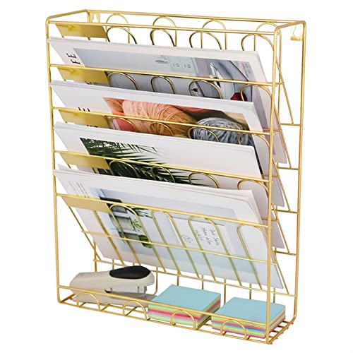 CHONSE Magazine Holder Desk Organizer Hanging Wall File Organizer, 5 Slot Wire Metal Wall Mounted Document Holder for Office Home, Gold