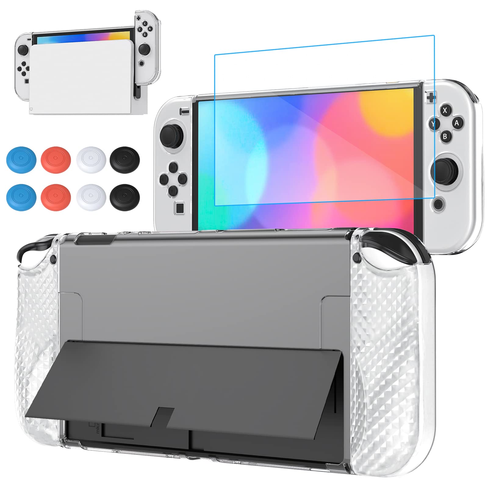 Dockable Case for Switch OLED Model 2021, 3 in 1 Protective Clear Cover Case for Nintendo Switch OLED and Textured Grip Cover Case for Joy Con Controller with Screen Protector and Thumb Grips