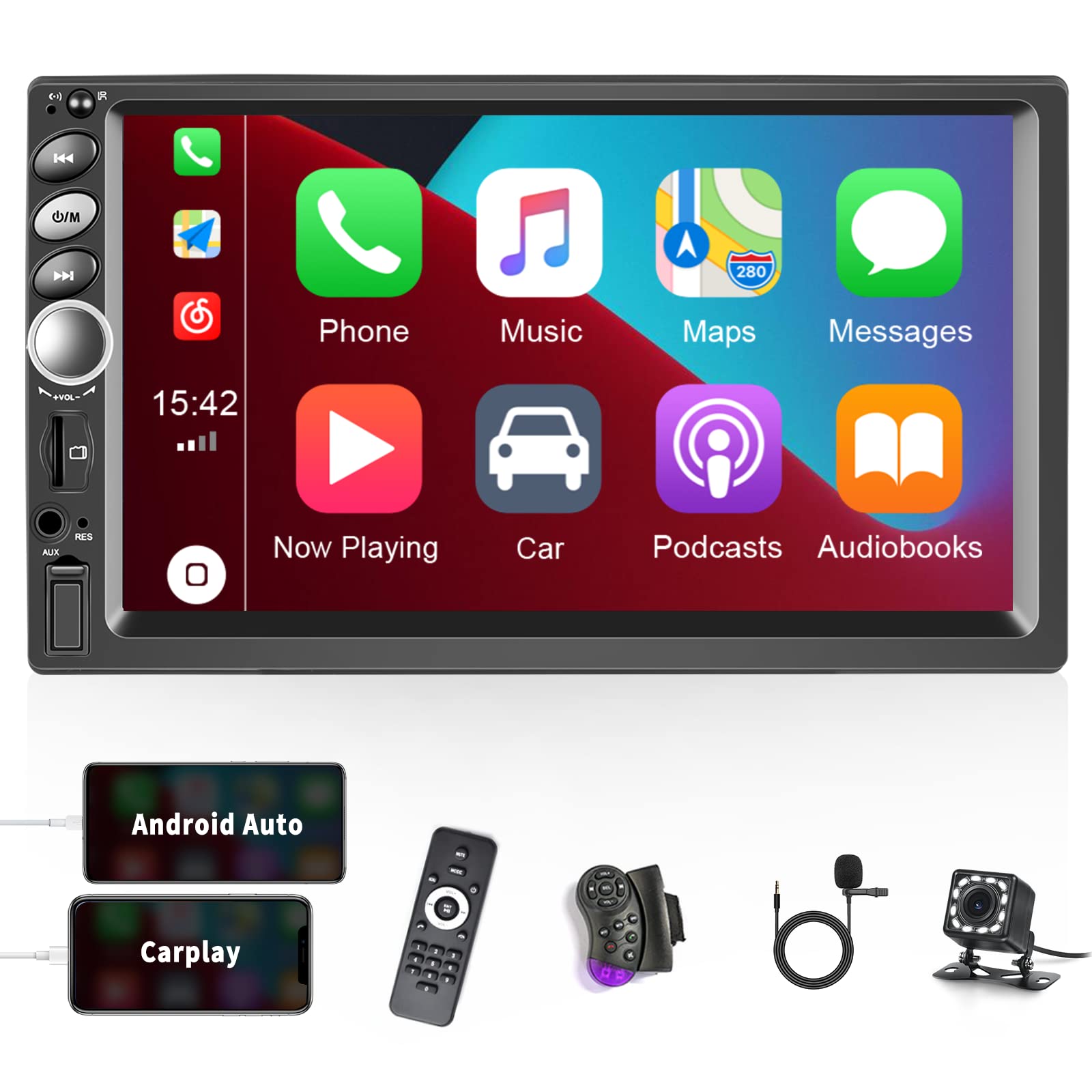 Double Din Car Stereo Compatible with Apple CarPlay and Android Auto, 7 Inch HD Touch Screen Car Radio with Mirror Link Voice Control SWC,Car Audio Receivers with Bluetooth FM Radio+Backup Camera
