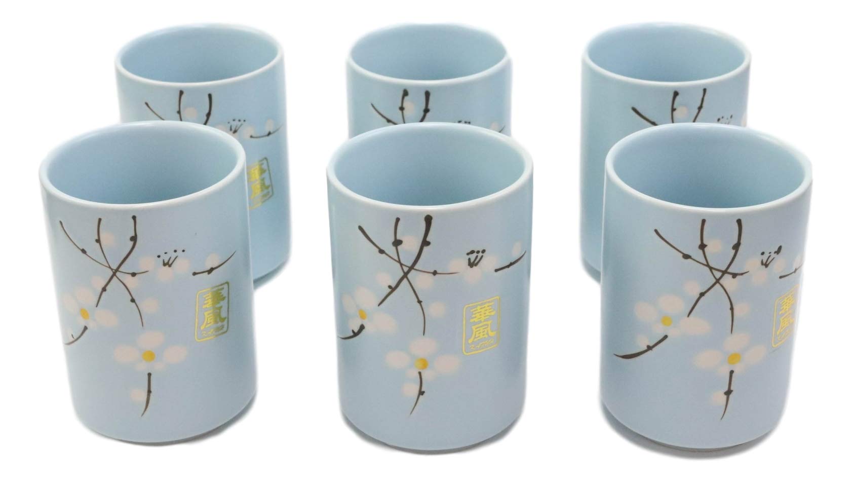 Ebros Gift Pack Of 6 Japanese Sakura Cherry Blossom Floral Branches Pastel Sky Blue Porcelain 10oz Tea Cup Set Teacups Home Kitchen Restaurant Decorative Accent
