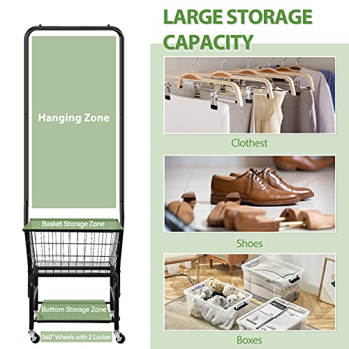 Laundry Cart with Wheels and Hanging Rack Rolling Laundry Basket with Clothes Rack Laundry Butler with Wire Storage Rack Coat Rack for Bedroom Hallway Laundry, Black-3
