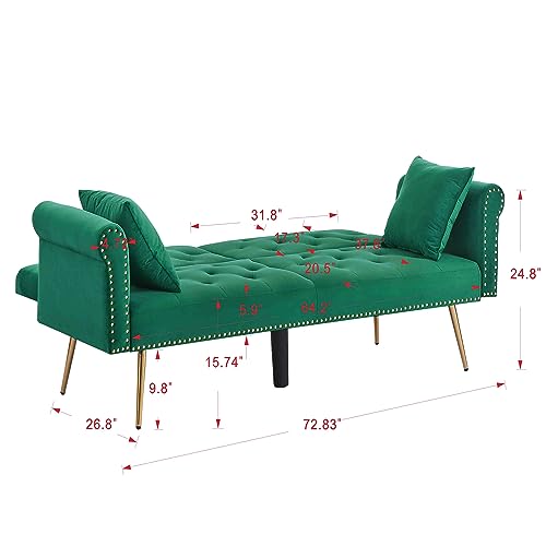 RIDFY 70”Modern 2 in 1 Velvet Futon Sofa Bed, Convertible Sleeper Couch with Legs/Pillows, Folding Upholstered Loveseat, Memory Foam Living Seat, Tufted Recliner Sofa for Home/Office (Green)