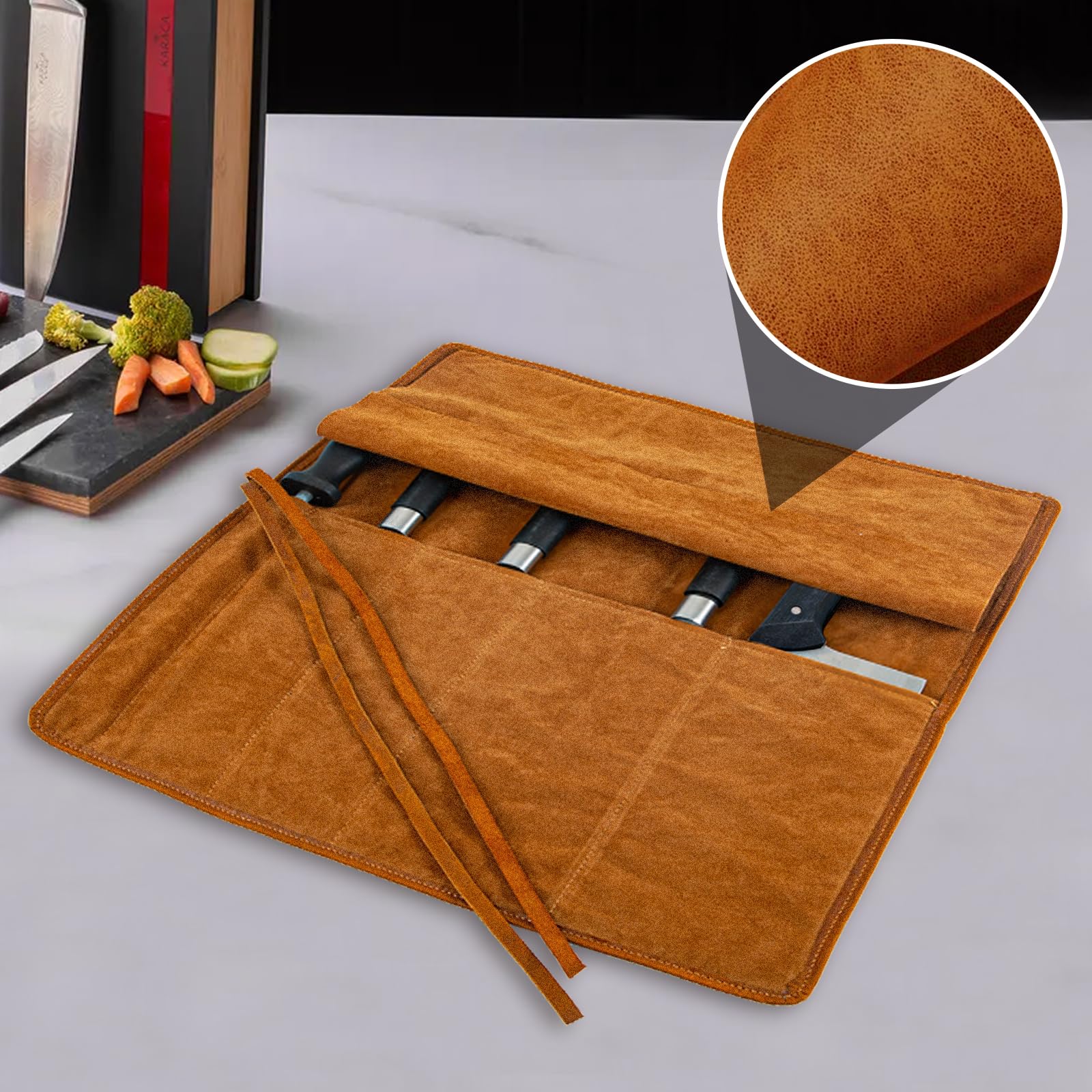 Genuine Leather Knife Roll, Knife Bags for Chefs Professional, Small Chef'S Knife Case Holder,Knives Holders Protectors with 5 Slots,Portable Chef Knife Bag Chef Knife Roll Case Storage Pouch