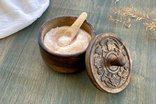 Rustic Salt Box Cellar with Hand Carved Lid & Spoon, Wooden Salt Pinch Bowls | Wood Salt Keeper, Spice Bowls for Cooking | Salt Pepper Tea Sugar Coffee Storage Holder for Kitchen, Mothers Day Gift