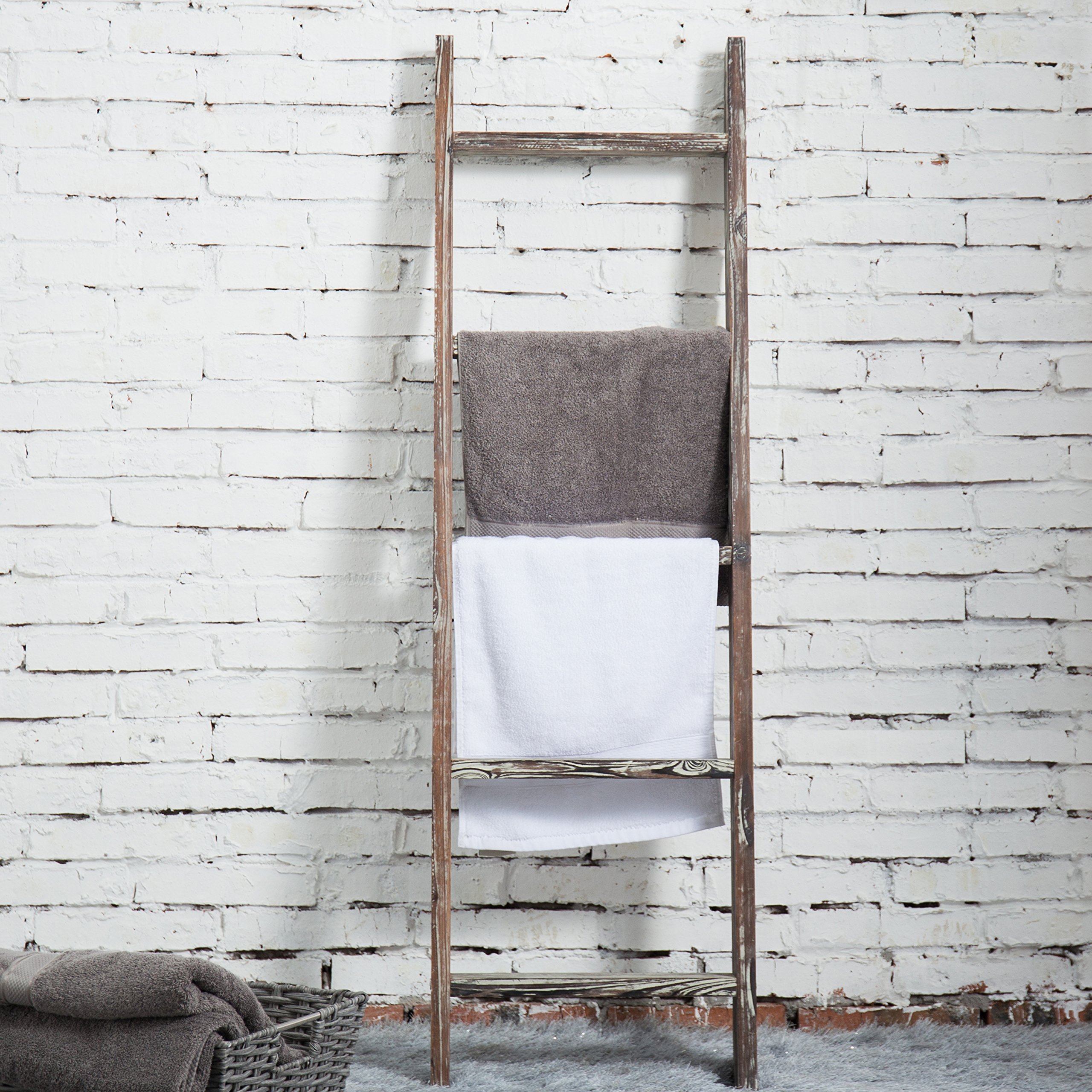 MyGift Torched Brown Wood Decorative Ladder Shelf, 4.5 Foot Wall Leaning Wooden Towel Blanket Ladder Storage Rack for Bathroom or Living Room