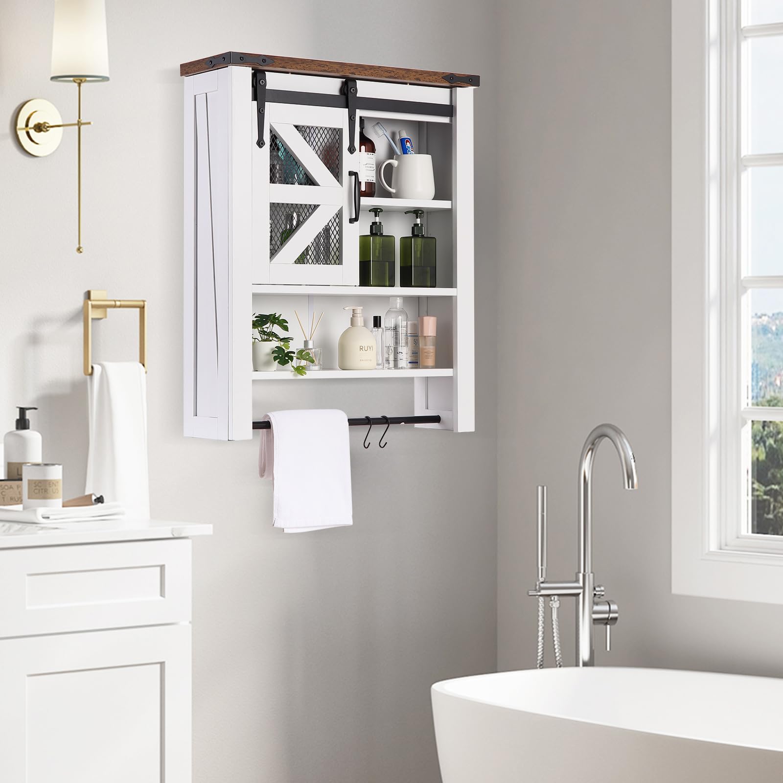 JoanKaren Bathroom Cabinet Wall Mounted with Towel Bar, Over Toilet Cabinet, Medicine Cabinet with Sliding Door Adjustable Shelves, Hanging Storage Cabinets for Bathroom Laundry Room Kitchen, White