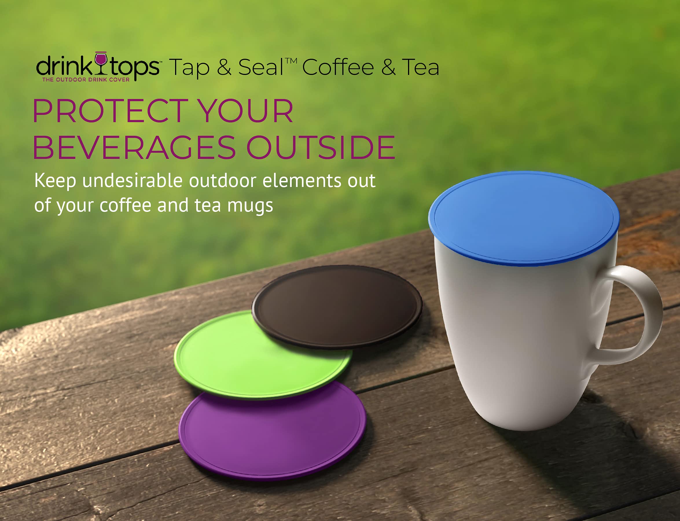 Drink Tops Tap and Seal Coffee and Tea Covers - Gently Suctions to Mugs to Keep Drinks Warmer Longer and Reduce Splashing - BPA Free Silicone Coffee Mug Cover - 4pk - Silo