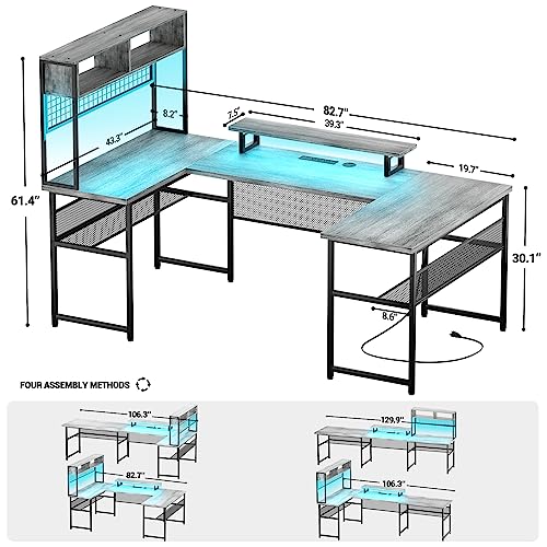 Unikito U Shaped Computer Desks with Hutch, 106 Inch Large Reversible L Shaped Office Desk with Power Outlets and LED Strip, U Shape Gaming Table with Monitor Stand and Storage Shelves, White Oak