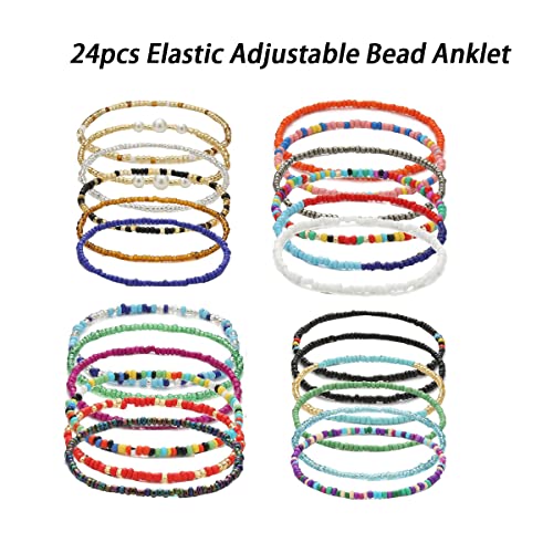 yfstyle 24PCS Boho Beaded Anklet for Women Elastic Anklets Colorful Beaded Ankle Bracelet Handmade Adjustable Elastic Anklets African Anklets Beach Bead Anklet Boho Style Bead Anklet for Girls-24