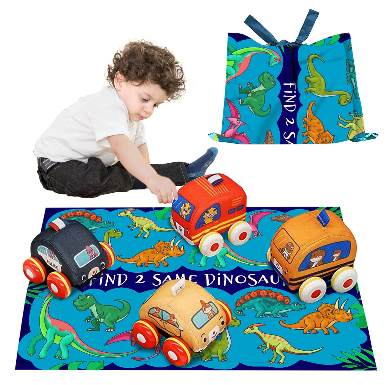 VANLINNY Baby Cars for Toddlers, Pull Back Car for 1 Year Old Boy with Play Mat,4 Pack Washable Soft Plush Cars for Kids, Metal Die Cast Pull Back Vehicles Play Set