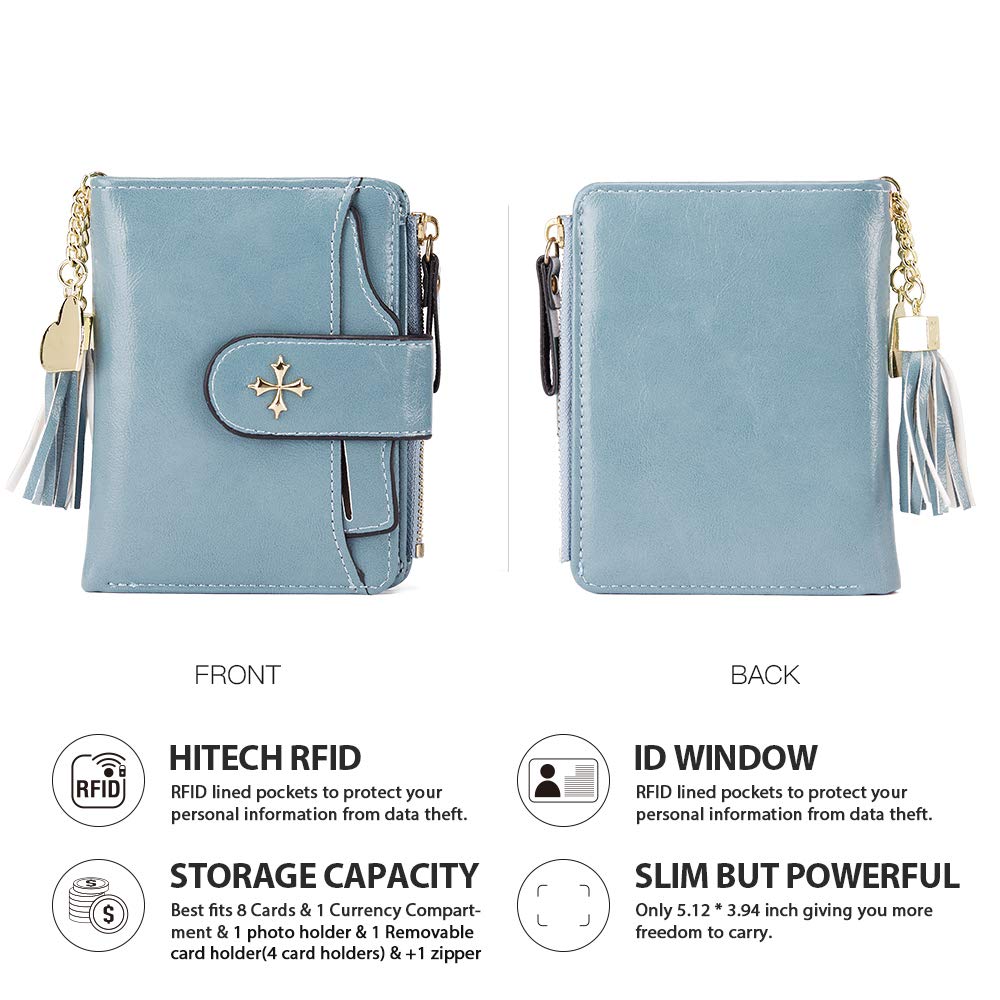 ZLONUBEY Wallet for Women Genuine Leather RFID Blocking Small Women Wallets Bifold Card Case with Zipper Pocket(Blue)