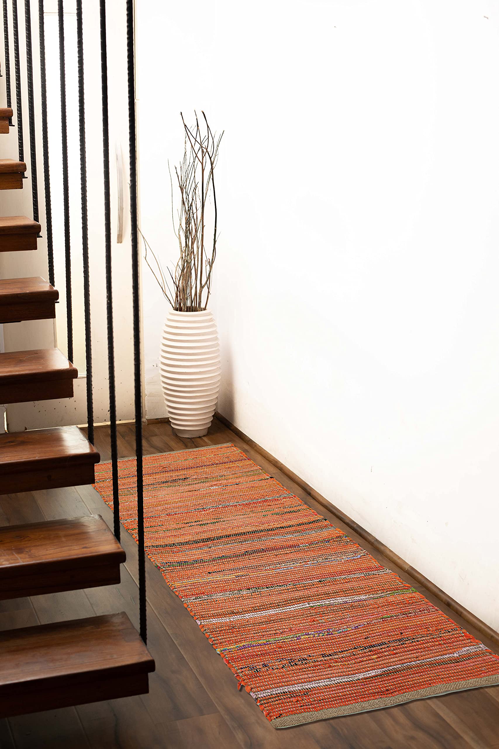 Chardin home Jute & Rust Cotton Rags Runner Rug. Boho Farmhouse Country Home Decor Long Rug Reversible mat | 2x5 feet Orange/Jute