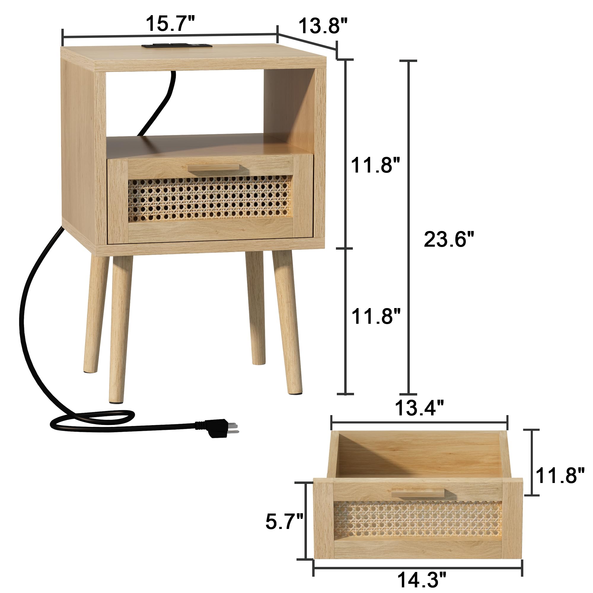 ChooChoo Rattan Nightstand with Charging Station, Boho Bedside Table with Drawer, Wood Accent End Side Table for Bedroom, Living Room and Small Spaces, Natural