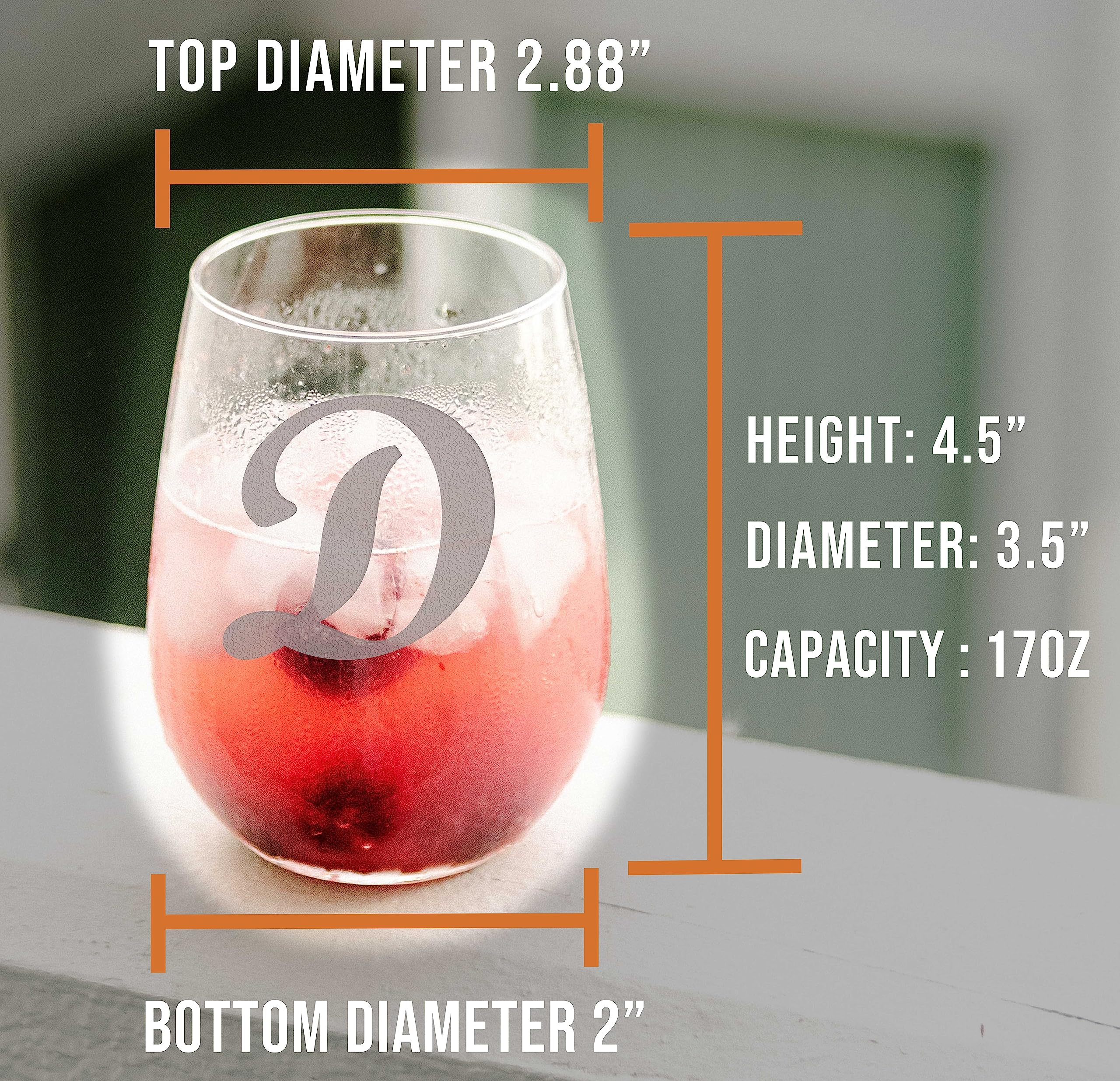 Etched Monogram 17oz Stemless Wine Glass (Letter D) A-Z Personalized wine glasses Custom Wine glasses Customized gifts for Her Women Initial Monogrammed Engraved