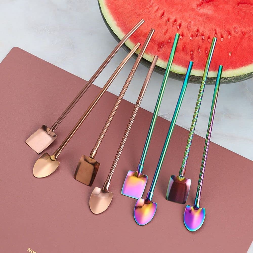 Drinking Spoon Straws Stainless Steel Spoon Straws Reusable Metal Cocktail Spoons Straws For Milkshake, Smoothies(twisted square,gold)