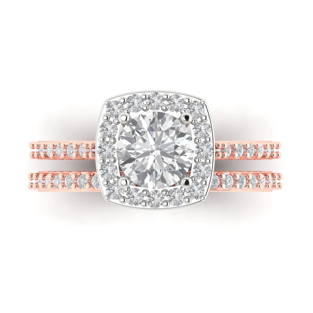 Clara Pucci 1.6ct Round Cut Real Zircon 14k Rose White Gold Halo Solitaire W/Accents Wedding Bridal Engagement Set Ring Band Size 7.5
