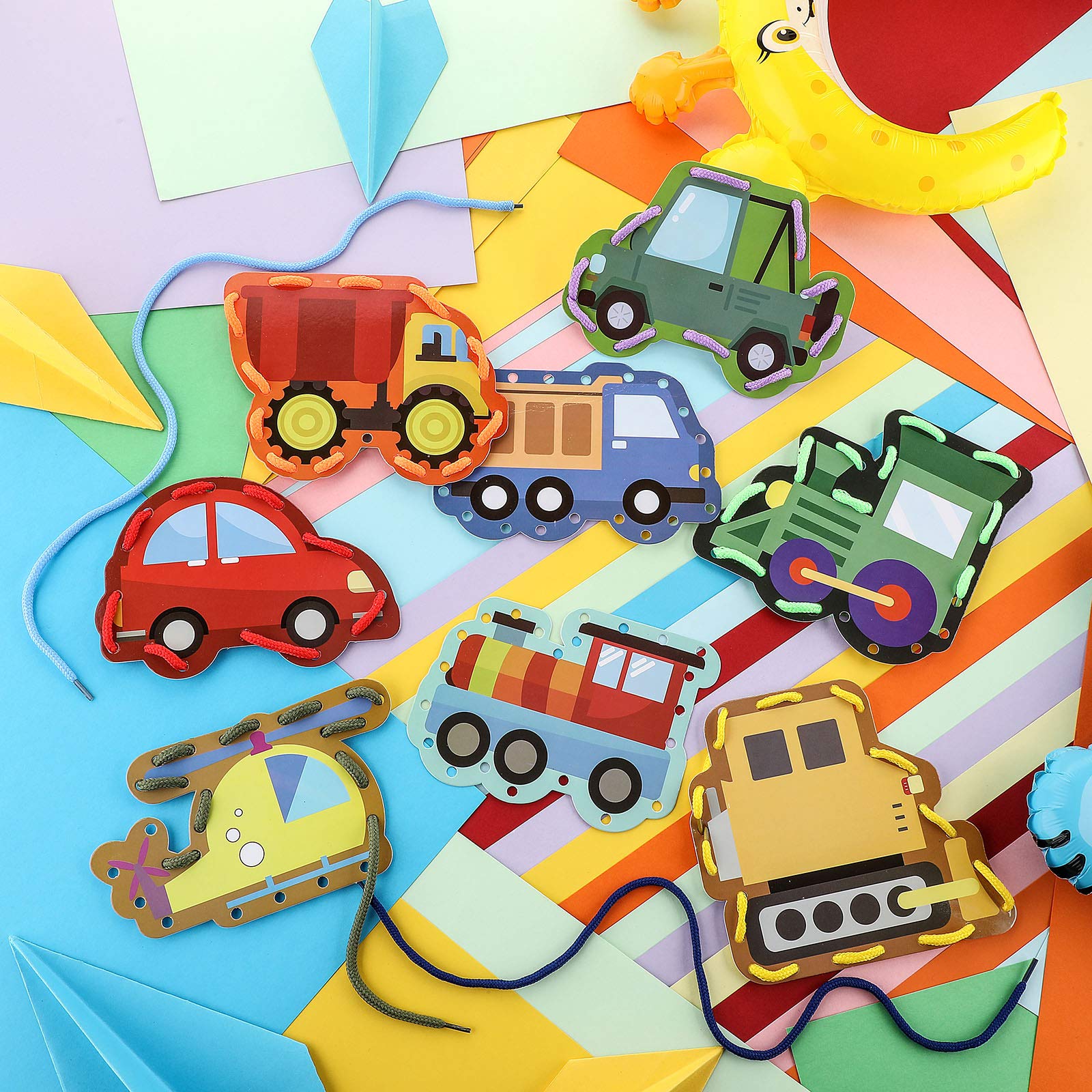 Zonon 8 Pieces Kids Lacing Cards Sewing Cards in 8 Patterns Lacing Games for Developing Imagination Education Supplies Children Sewing Game Favors (Transportation Style)