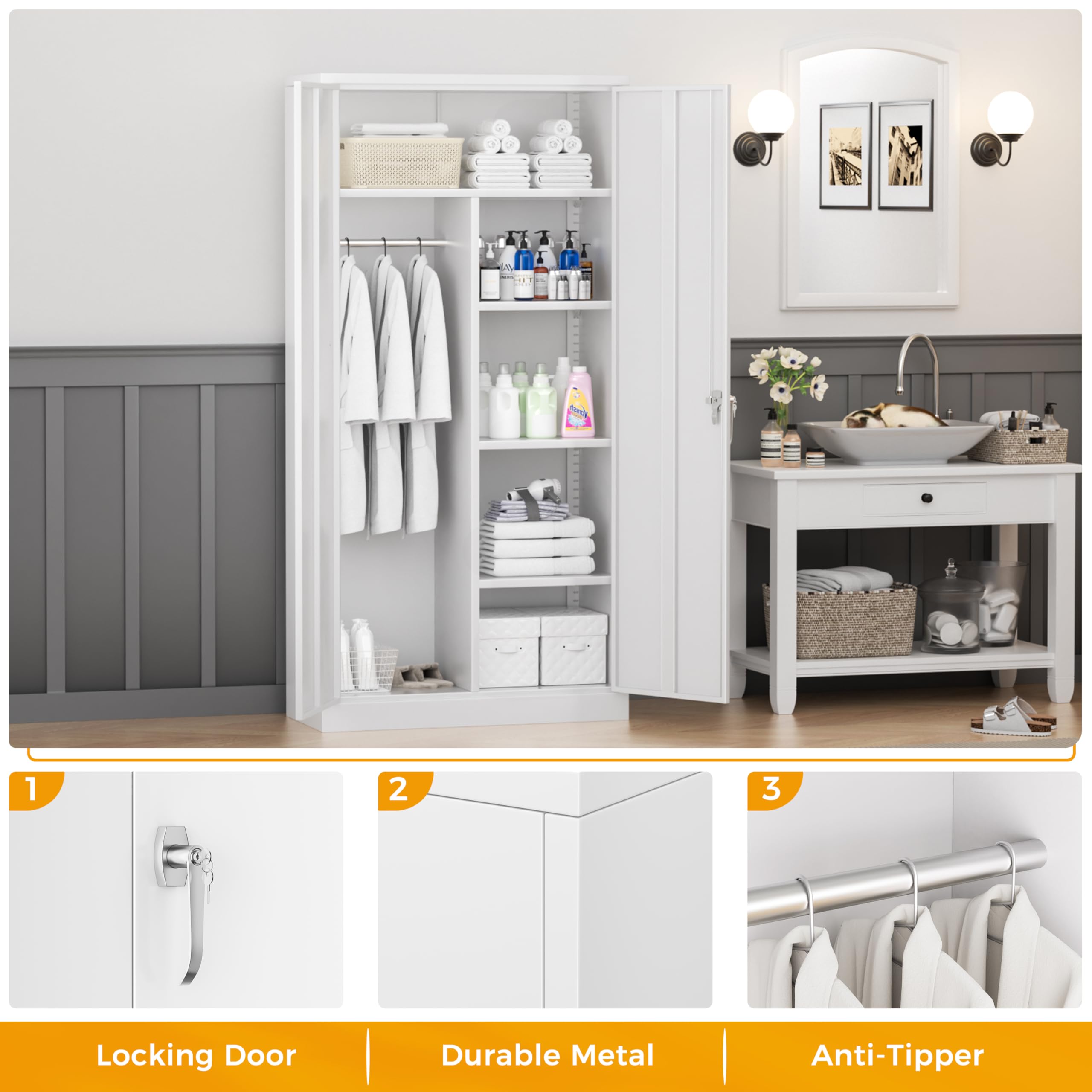 INTERGREAT 72”Tall Metal Wardrobe Cabinets with Lock,Clothing Storage Cabinets with Hanging Rod and 4 Adjustable Shelves,Closet for Home Living/Laundry Room/Department (White)