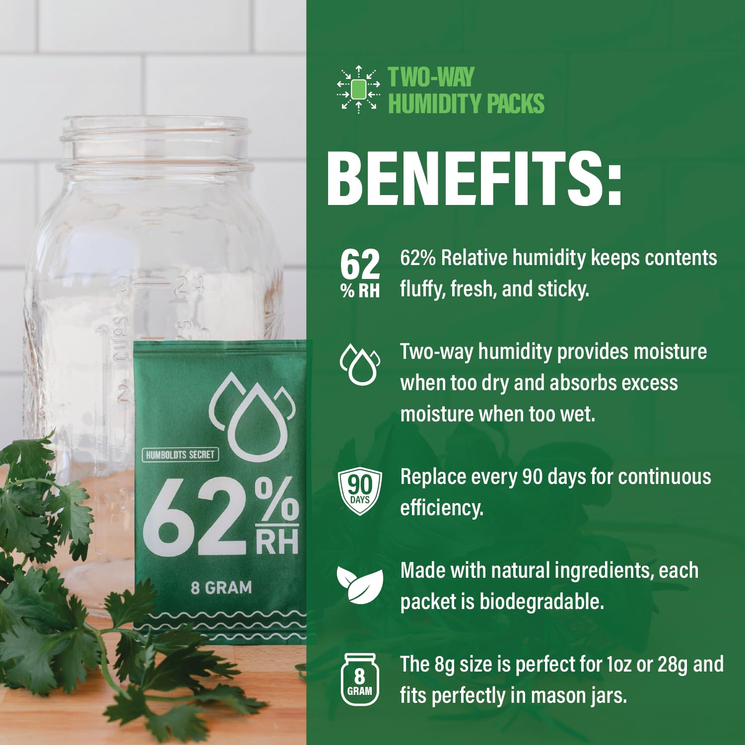 Humboldts Secret 62% Humidity Packs RH 2-Way | Moisture Absorber & Regulator for Small Containers | Relative Humidity Control Packets with Resealable Bag | 2 Way Humidity Control Packs | Pack of 10