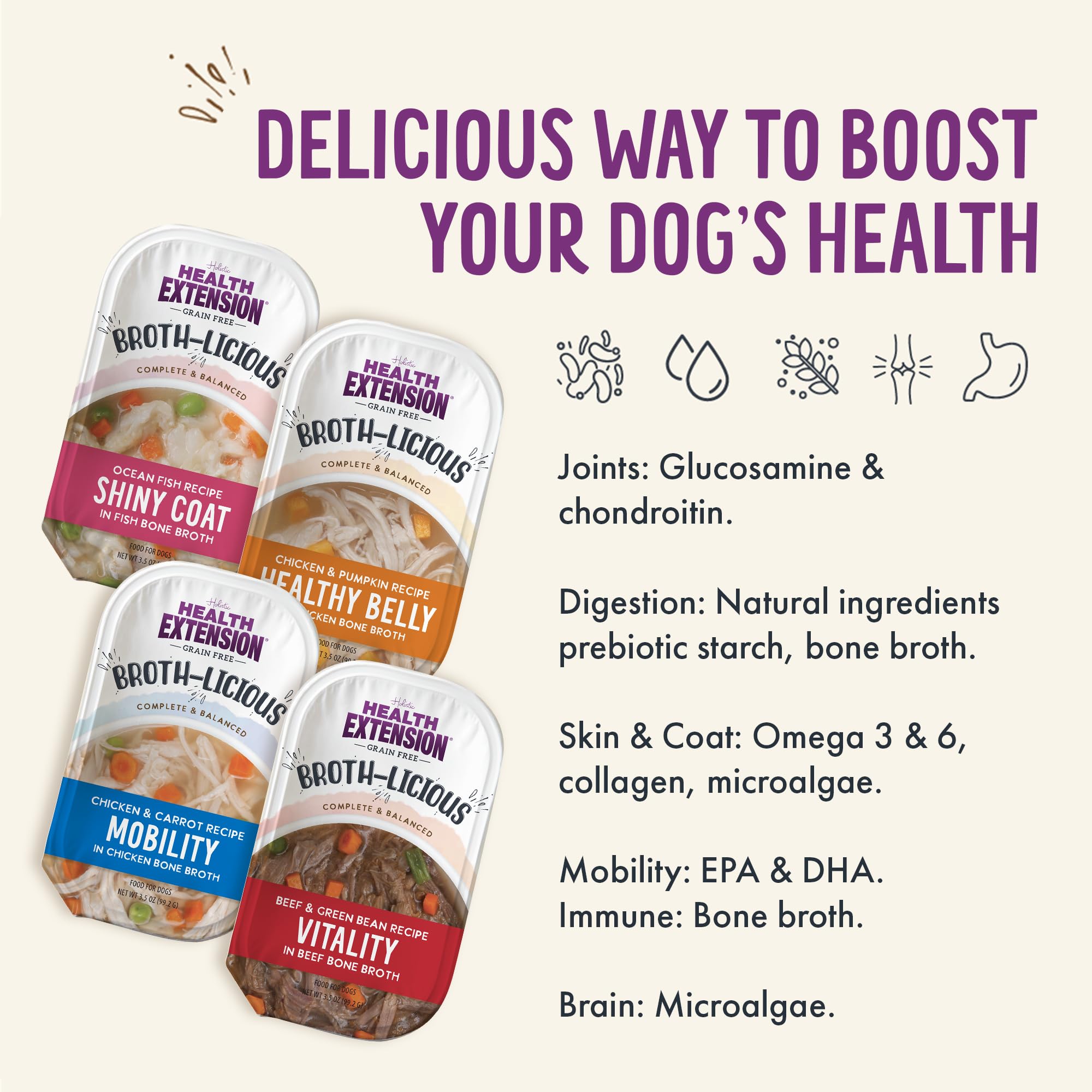Health Extension Broth-Licious Variety Pack for Dogs, 3.5 oz Cups β Grain-Free, Ready-to-Serve, Supports Vitality, Digestion, Mobility & Shiny Coat (10-Cup Box)