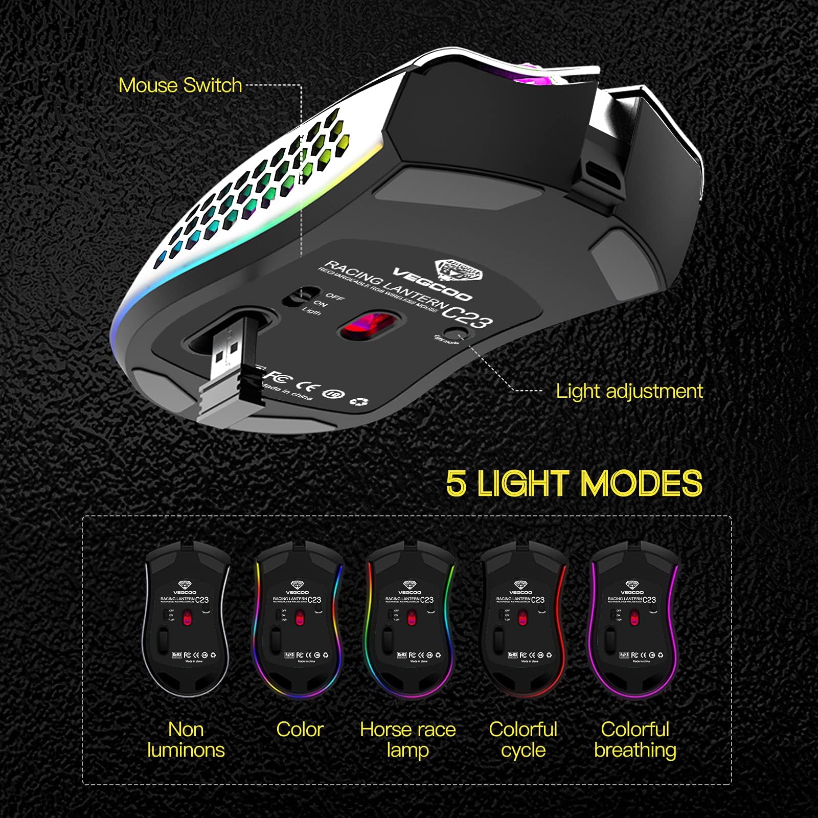 VEGCOO Wireless Gaming Mouse, Silent Click Wireless Rechargeable Mouse with Colorful LED Lights and 3 Level DPI 400mah Lithium Battery for Laptop and Computer (C23 White)