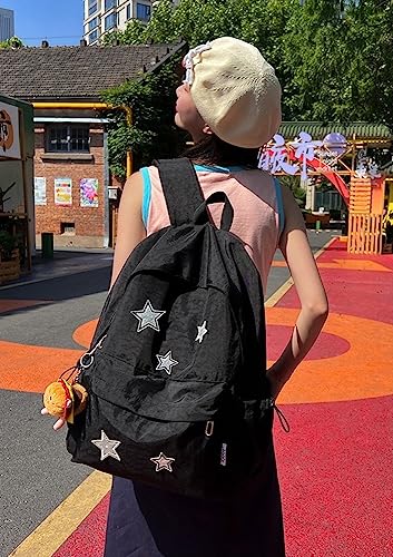 JHTPSLR Vintage Aesthetic Backpack Preppy Backpack Patches Stars Retro Stars Backpack Dark Academia Aesthetic Backpack (Black)