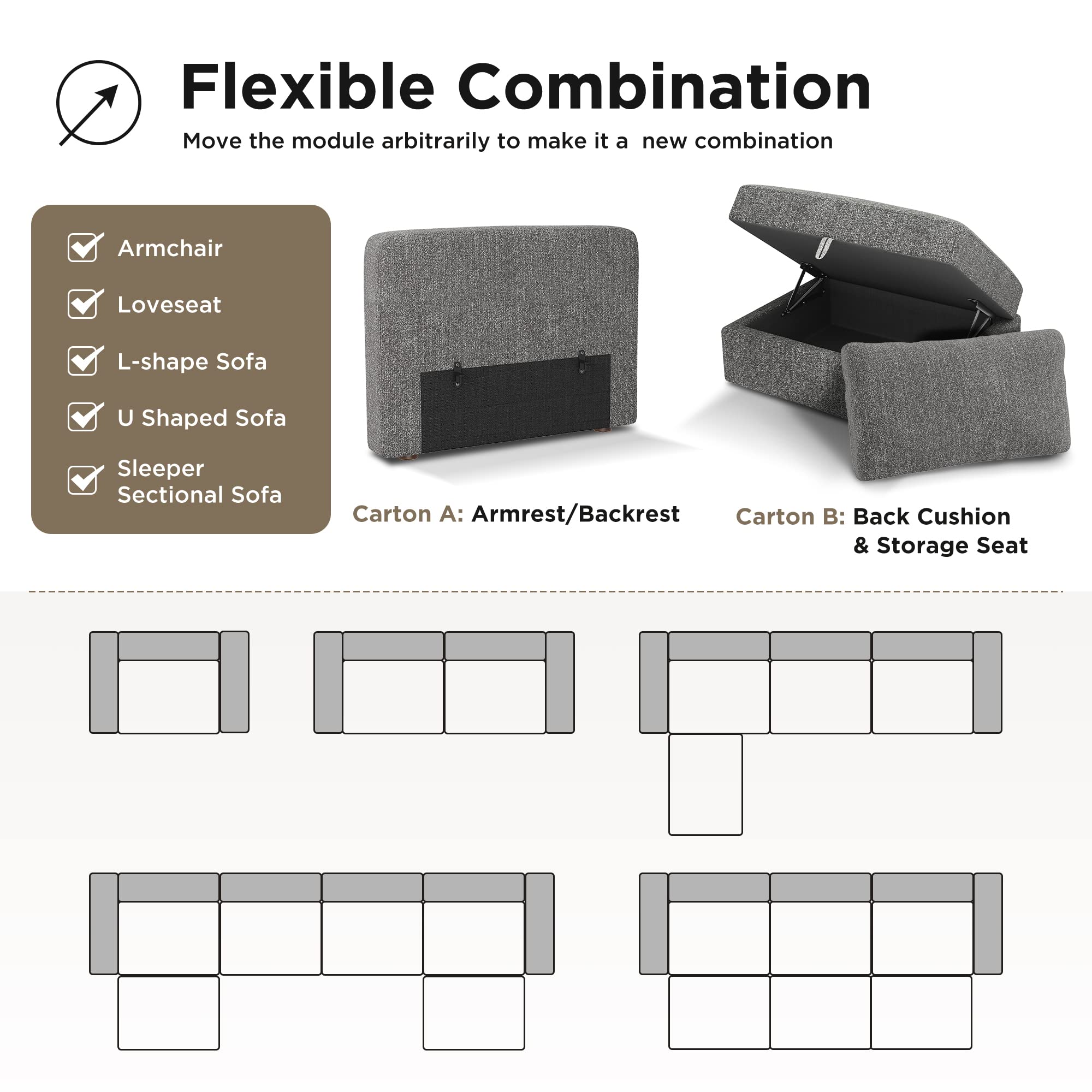 HONBAY Reversible Modular Sofa L Shaped Couch with Wide Chaise Oversized Modular Sectional Couch with Deep Seat & Storage Seat, Dark Grey
