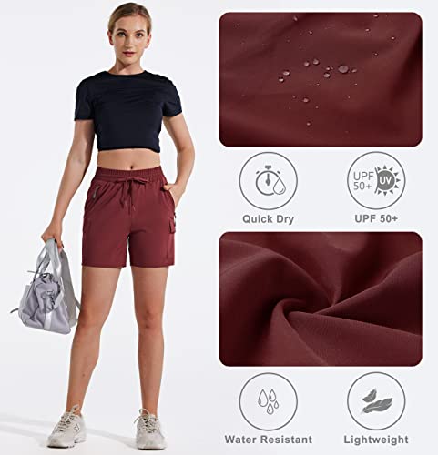 MASKERT Women's Hiking Cargo Shorts Quick Dry Athletic Golf Shorts 5 Inches Lightweight Running Summer Casual Shorts with Pockets, Ruby Wine L