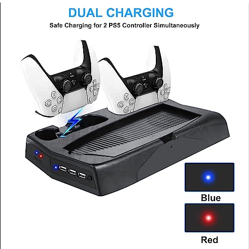 PS5 Charging Station with Cooling Fan, DualSense Controller Vertical Stand Dock for PS5 Console and Digital Edition, 3 USB Ports Retractable 14 Game Slots Storage Bracket for PlayStation 5 Accessories